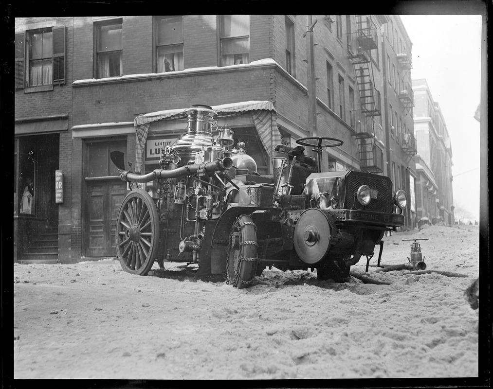 Engine 8 on snowy Boston Street - Digital Commonwealth
