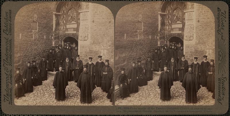 Pious monks of the Eastern Orthodox Church at door of monastery ...