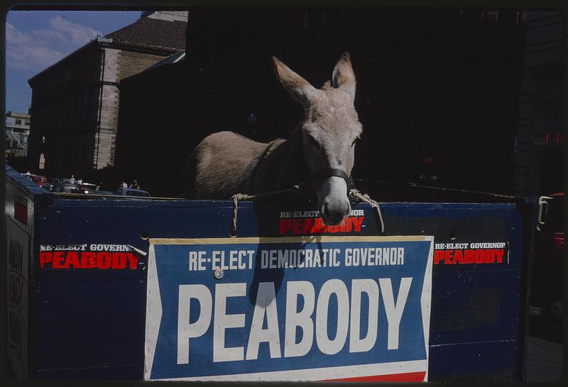 Donkey with "Re-elect Democratic Governor Peabody" sign - Digital ...