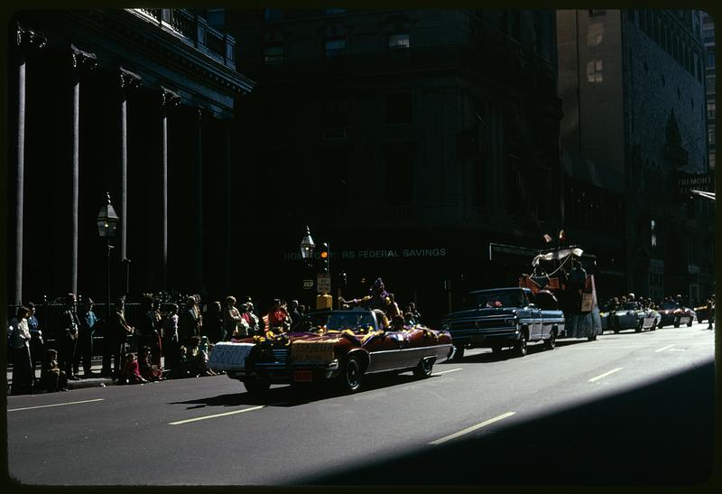 Decorated cars and floats, Boston Columbus Day Parade 1973 - Digital Commonwealth