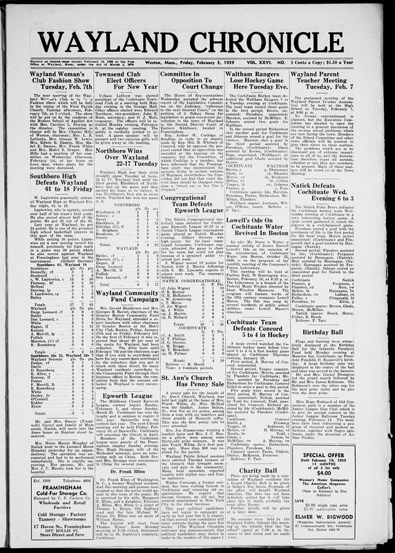 The Wayland Chronicle. February 03, 1939 - Digital Commonwealth