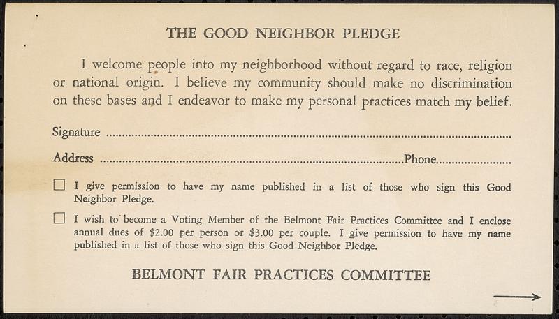 The Good Neighbor Pledge postcard from Belmont Fair Practices Committee ...