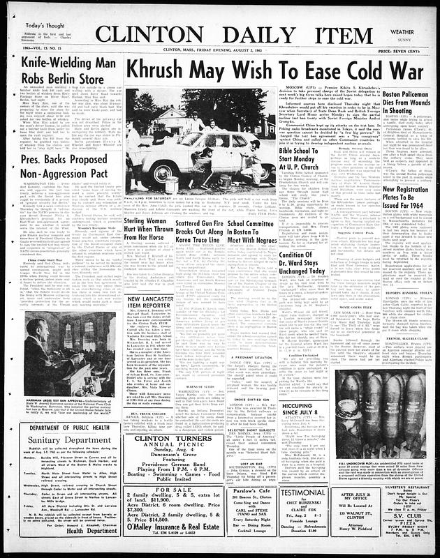 Clinton Daily Item. August 02, 1963 - Digital Commonwealth
