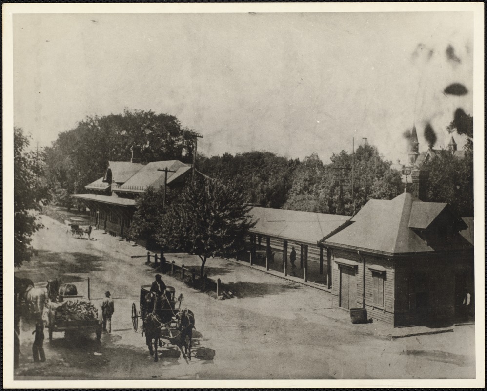 Train station, Newtonville. Horses, carriages, wagon. Newton, MA ...