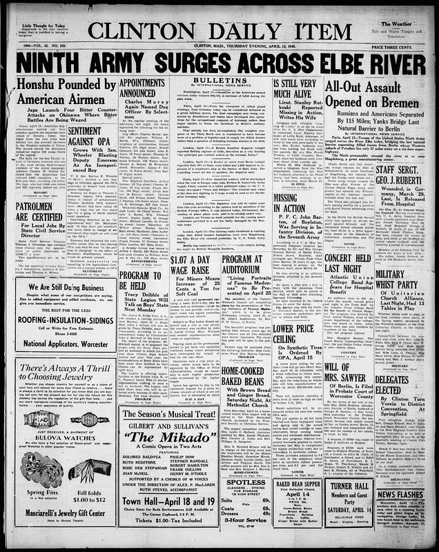 Clinton Daily Item. April 12, 1945 - Digital Commonwealth
