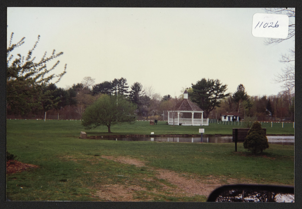 Patton Park across Weaver Pond, showing bandstand and equipment ...