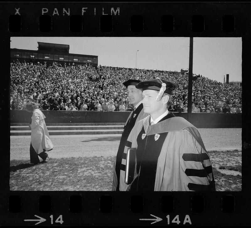 Boston University president John Silber (right) in graduation exercises ...
