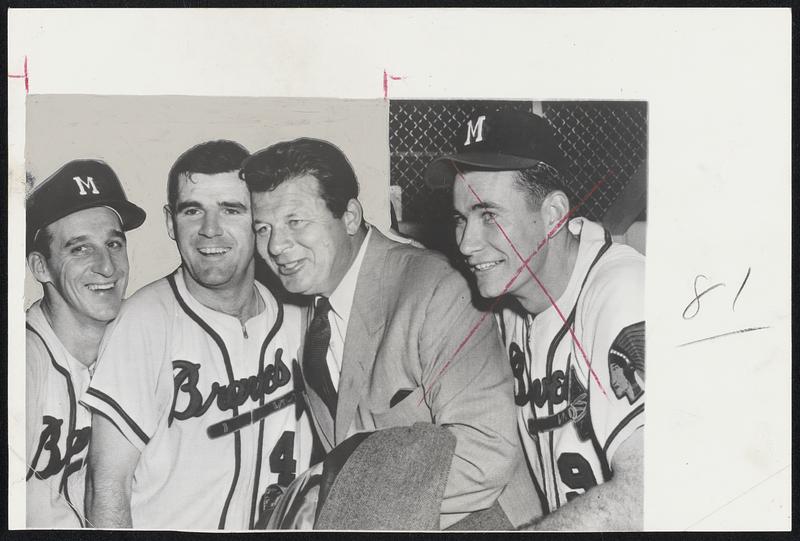 Milwaukee Braves players Warren Spahn, Danny O'Connell, and Joe Adcock ...