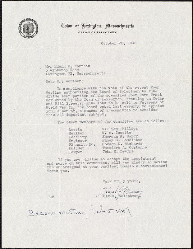 Letter from Hazel J. Murray, on behalf of the Selectmen, to Edwin B ...