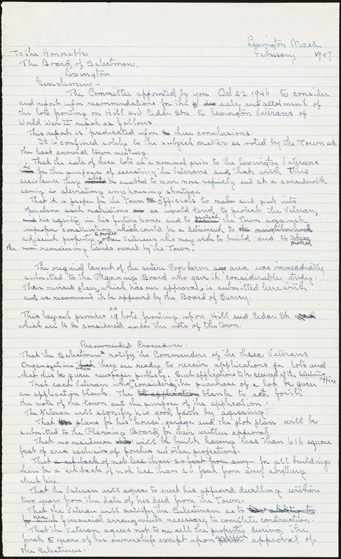 Handwritten report to the Board of Selectmen from the Veterans Housing ...