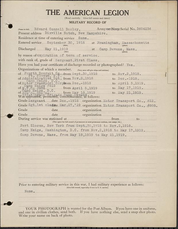 American Legion military record of Edward Connell Dooley - Digital ...