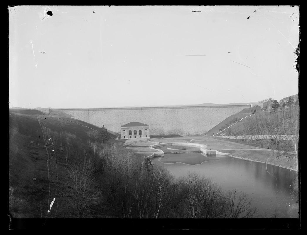 Wachusett Dam, dam, Lower Gatehouse, and grounds, from the northeast ...