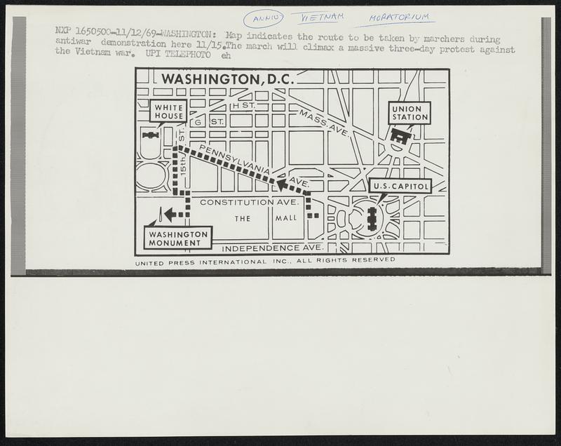 Map indicates the route to be taken by marchers during antiwar ...