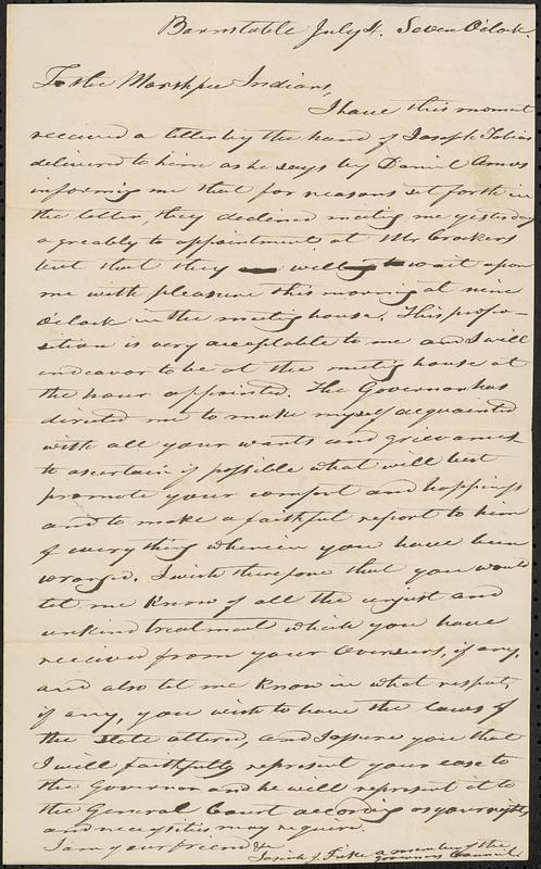 Mashpee Revolt, 1833-1834 - Letter from Josiah J. Fiske to Daniel Amos ...