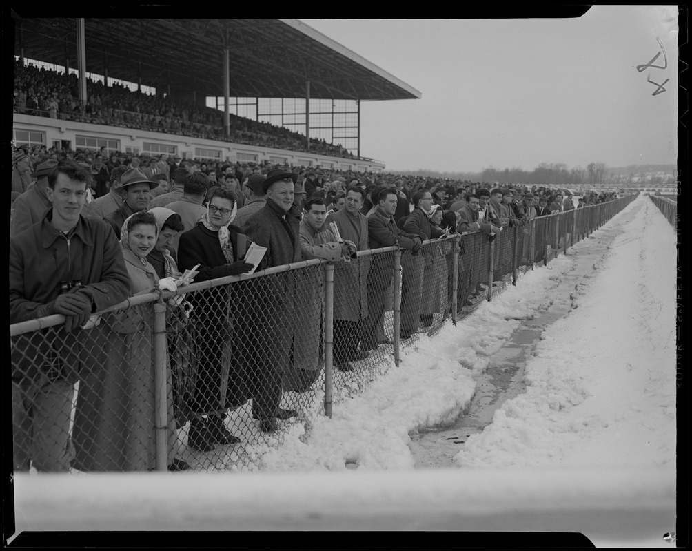 Spectators watching horse race at opening of Lincoln Downs, Rhode ...
