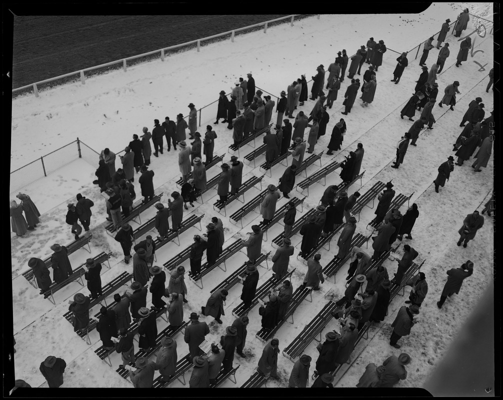 Spectators in stands at opening of Lincoln Downs, Rhode Island ...