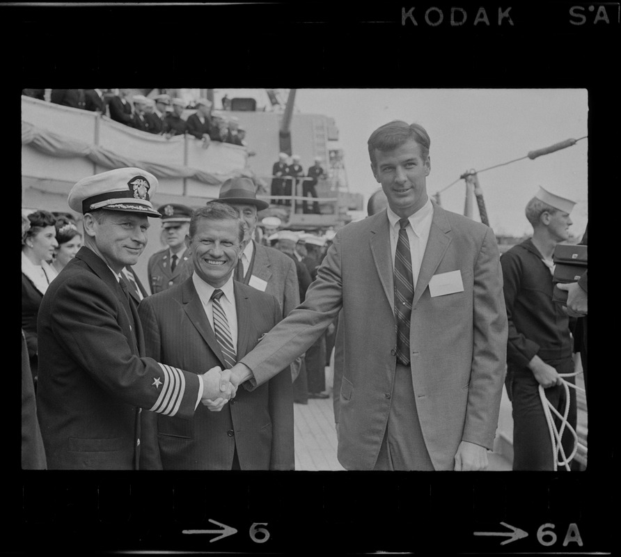 Capt. Leon I. Smith, Gov. John Volpe and Jim Lonborg at homecoming of U ...
