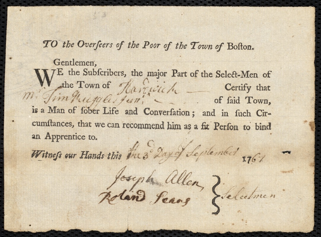 John Plant indentured to apprentice with Timothy Ruggles, Jr. of ...