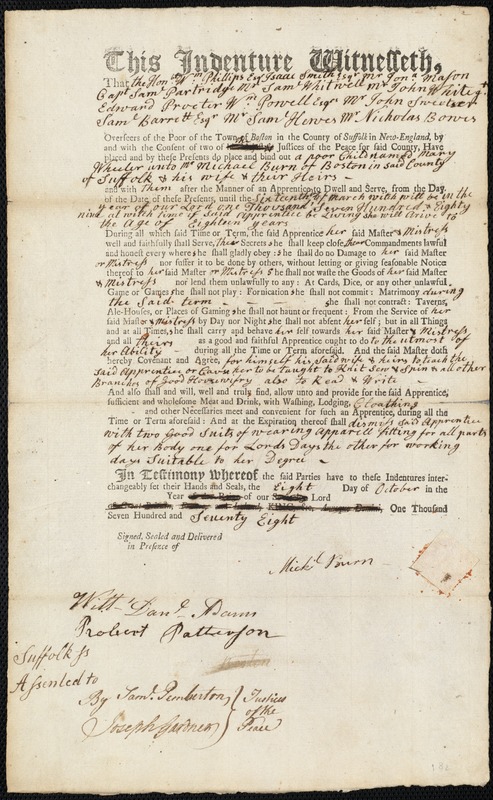 Mary Wheeler indentured to apprentice with Michael Burn of Boston, 8 ...