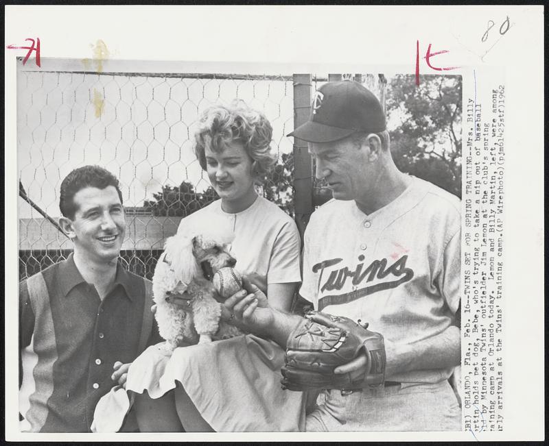 Twins Set for Spring Training -- Mrs. Billy Martin holds pet dog, Bebe ...