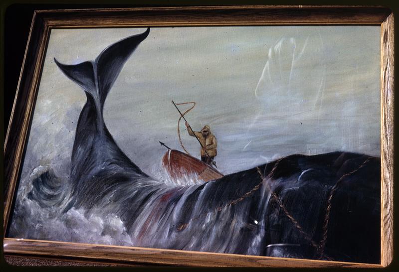 Painting of a man in a boat about to harpoon a whale - Digital Commonwealth