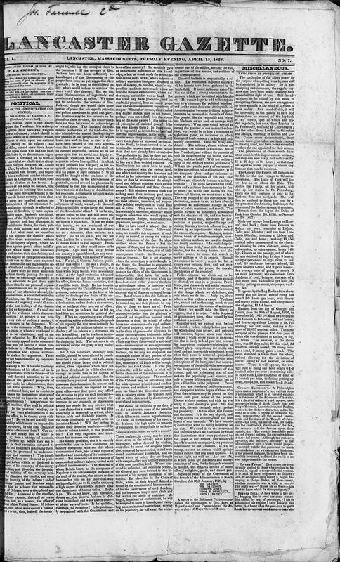 Lancaster Gazette. April 15, 1828 - Digital Commonwealth