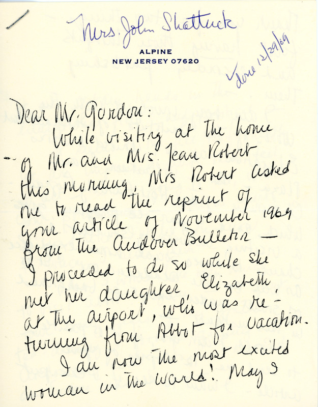 Letter to Don Gordon from Marjorie Shattuck, Abbot Academy, December 29 ...