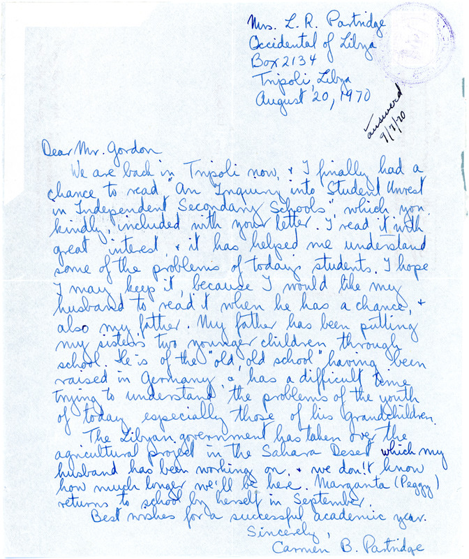 Letter to Don Gordon from parent Carmen B. Partridge, Abbot Academy ...