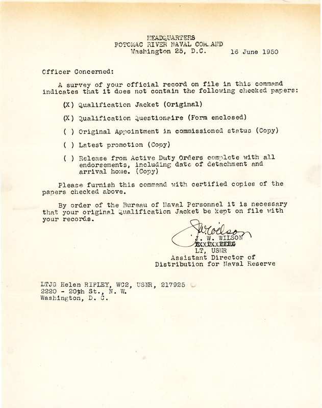 Notice addressing missing paperwork, Helen Ripley, Abbot Academy, class ...