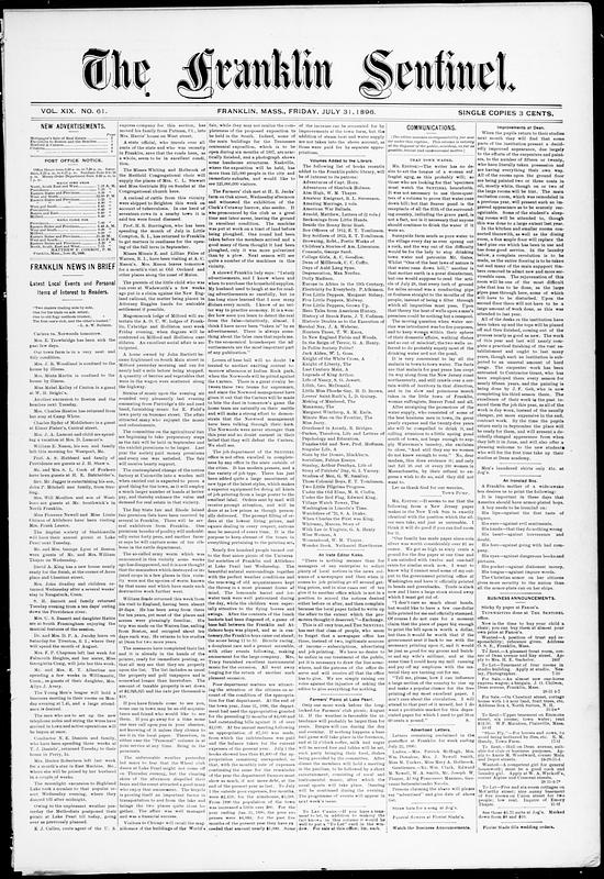 The Franklin Sentinel. July 31, 1896 - Digital Commonwealth