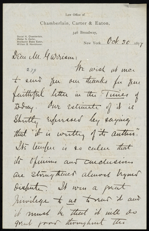 Letter from Daniel Henry Chamberlain, Law Office of Chamberlain, Carter ...