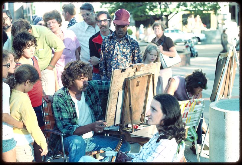 Street portrait artist at work, likely Boston Common - Digital Commonwealth