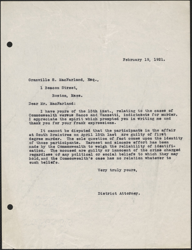 Letter from Frederick G. Katzmann, District Attorney (Southeastern ...