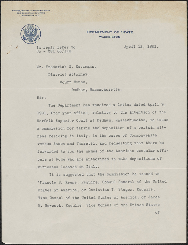 Letter from Wilbur Carr, Director of Consular Services (Department of ...
