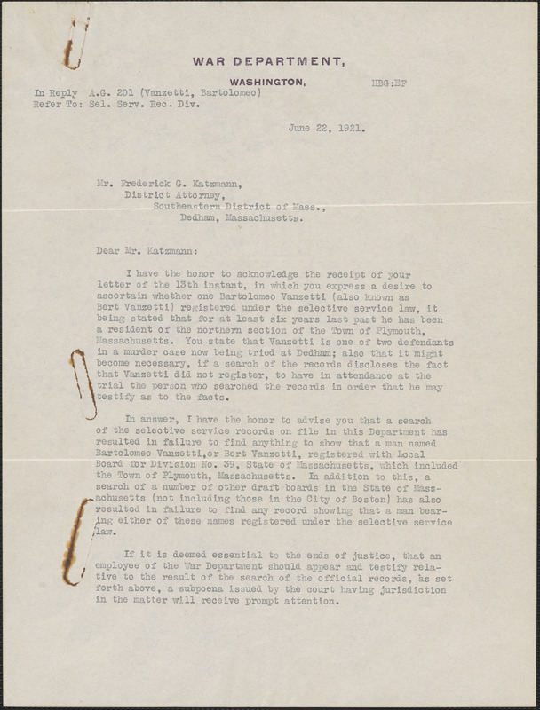 Letter from John W. Weeks, Secretary of War (Department of War) to ...