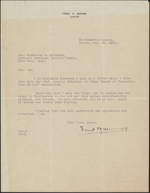 Letter from Fred H. Moore to Frederick G. Katzmann, District Attorney ...