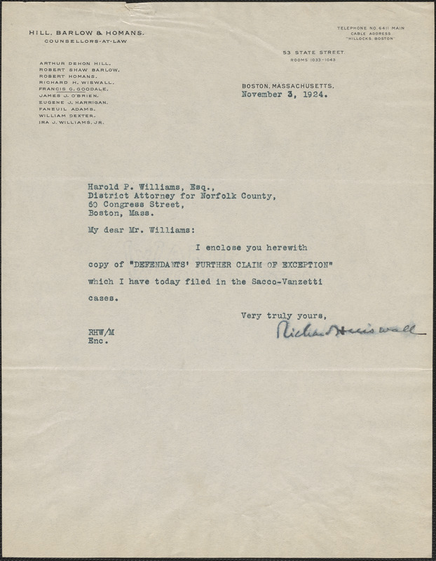 Letter from Richard H. Wiswall to Harold P. Williams, District Attorney ...