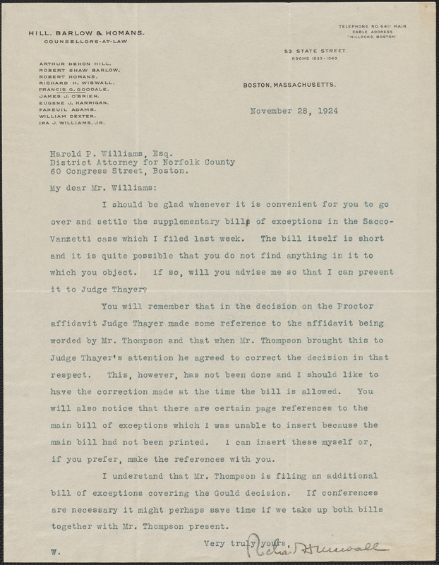 Letter from Richard H. Wiswall to Harold P. Williams, District Attorney ...