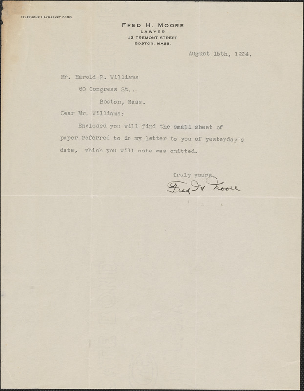 Letter from Fred H. Moore to Harold P. Williams, District Attorney ...