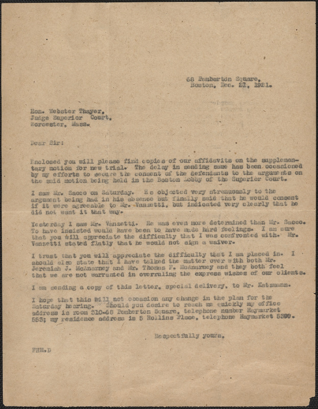 Letter from Fred H. Moore to Hon. Webster Thayer, Superior Court ...