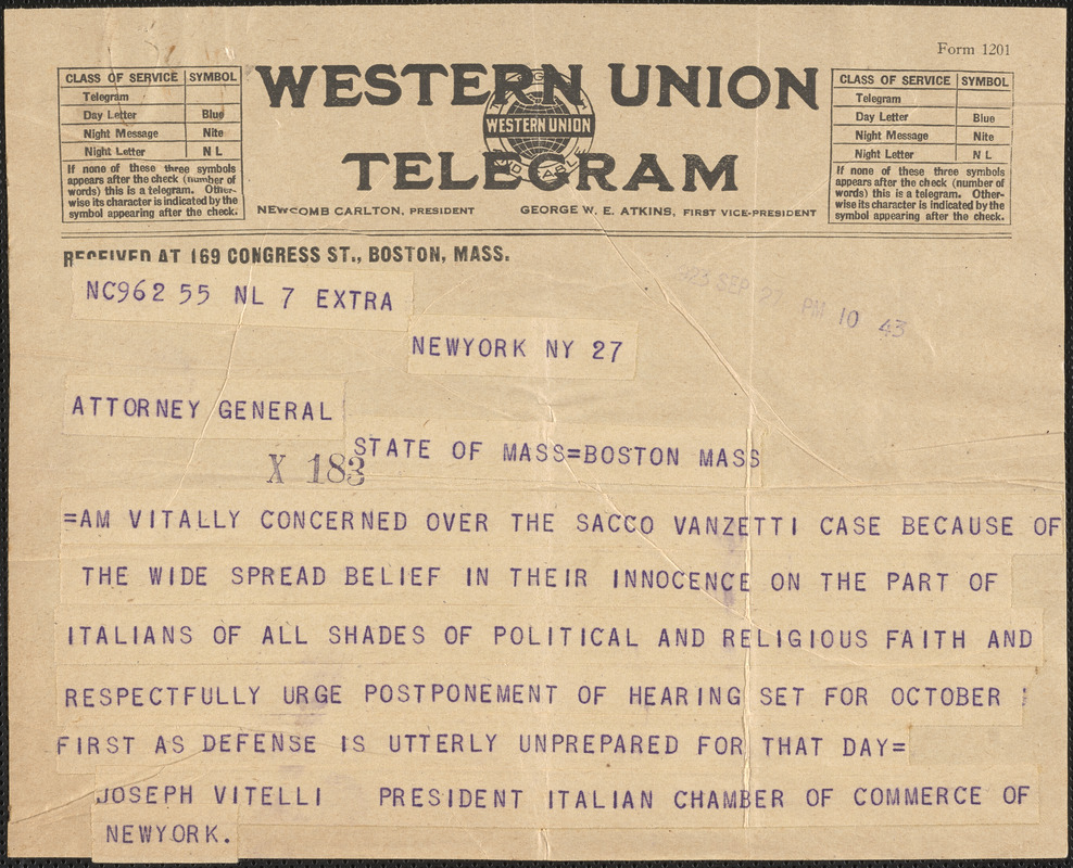 Telegram from Joseph Vitelli, President of Italian Chamber of Commerce ...