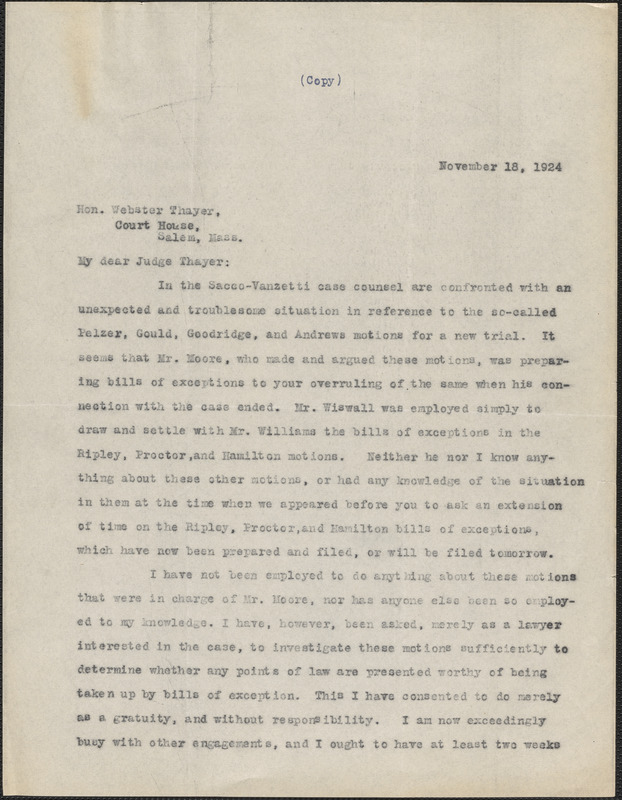 Letter from William G. Thompson to Hon. Webster Thayer, Superior Court ...