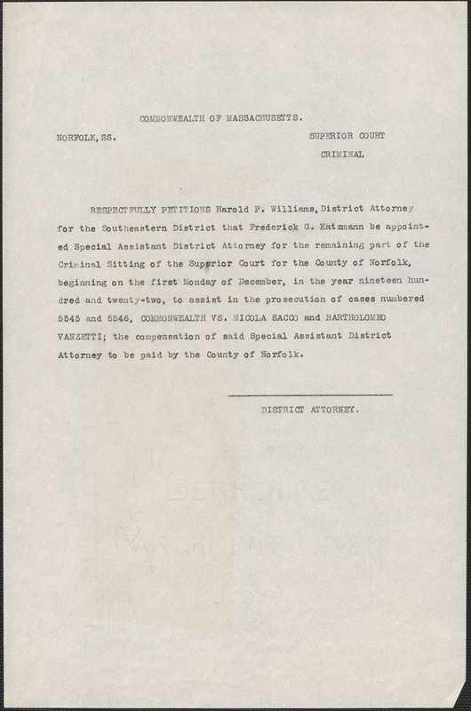Petition of Harold P. Williams, District Attorney (Southeastern ...