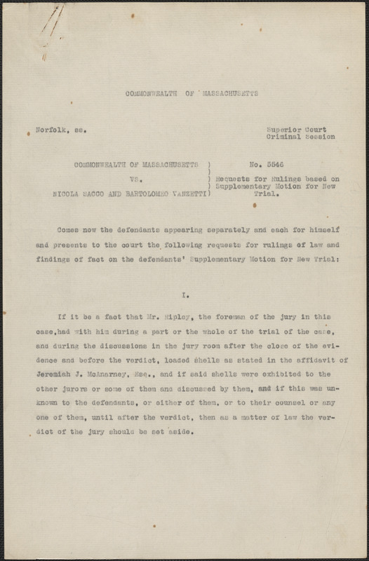 Requests for Rulings based on Supplementary Motion for New Trial ...