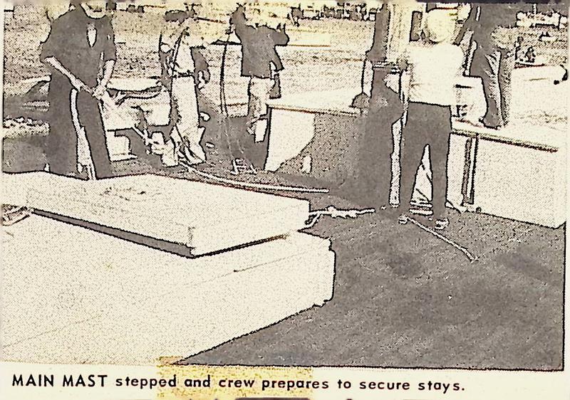 Main mast stepped and crew prepares to secure stays - Digital Commonwealth