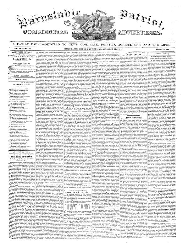 Barnstable Patriot, and Commercial Advertiser. November 27, 1844 ...