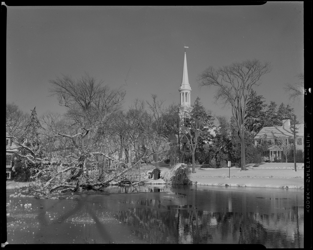 Shawme lake, steeple, Sandwich snow scene - Digital Commonwealth