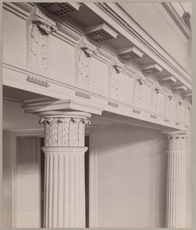 Old West Church, detail of carving on balcony & columns. Built 1806 ...