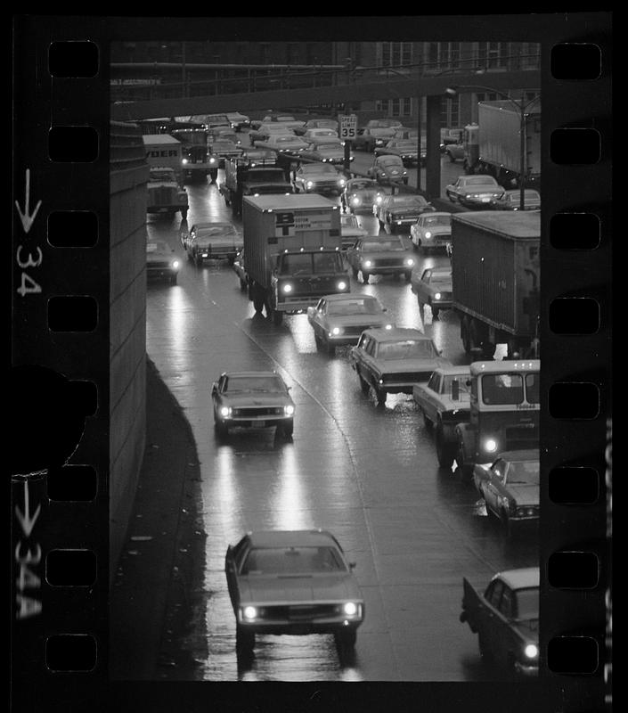 Night traffic southbound on Central Artery near South Station, downtown ...
