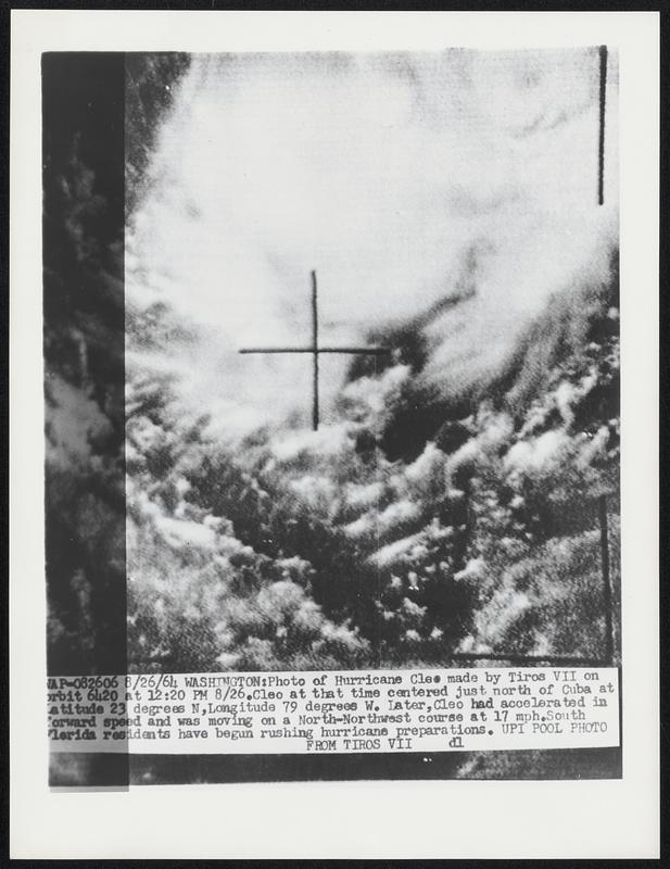 Photo of Hurricane Cleo made by Tiros VII on orbit 6420 at 12:20 PM 8/ ...